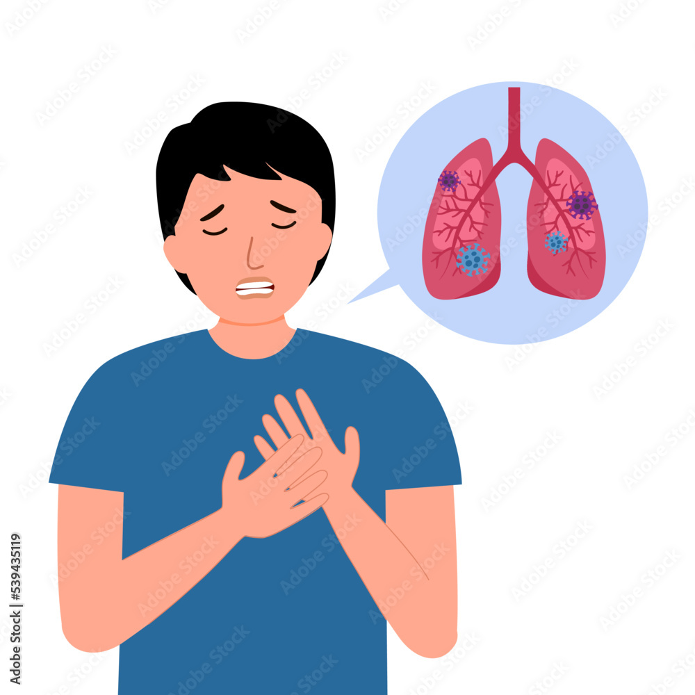 Sick man has chest pain symptom and lungs with virus cells in flat ...