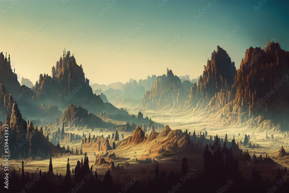 3D rendering of an alien world desert landscape. Cosmic planet with ...