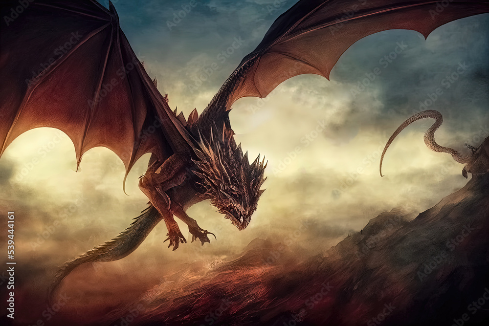 A red dragon attacking in mid air flight. Flying fantastic beast ...