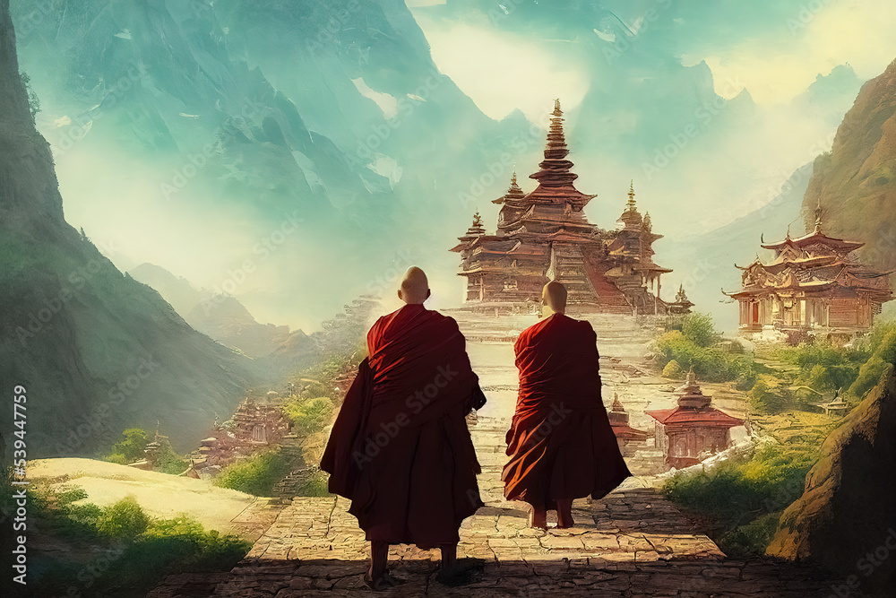 Two Tibetan buddhist monks walking towards monastery in the mountains ...