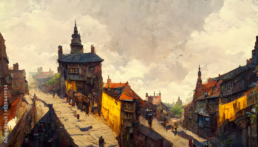 fantasy medieval town street with pavement and illumination, neural ...