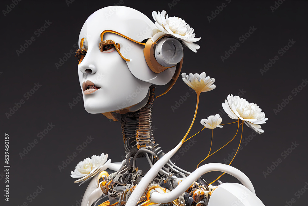 Portrait of a beautiful biomechanical cyborg. Symbiosis of woman and ...