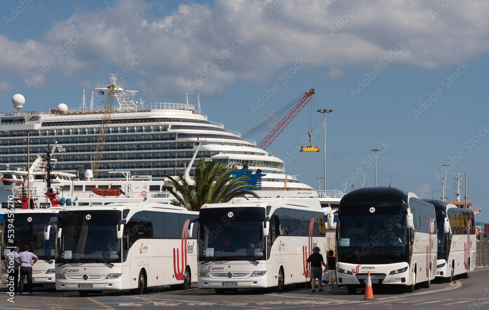 Port of Heraklion, Crete, Greece. 2022. Buses waiting for cruise ship ...