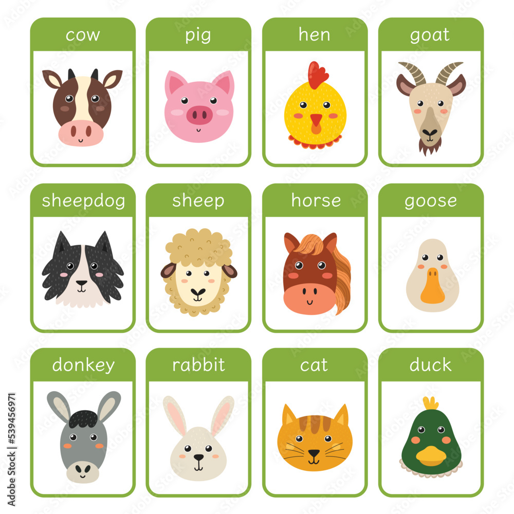 Farm animals flashcards set. Educational flash card with cute farm ...