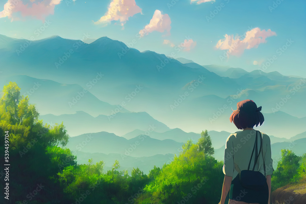 Anime girl trekking alone in the natue. Travel lifestyle. Cute pretty ...