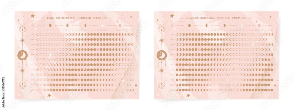 Moon calendars planners for 2023 2024 years. Cute aesthetic abstract ...