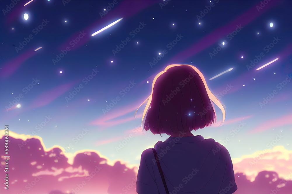 Anime girl looking at the night sky. Manga cartoon character alone ...