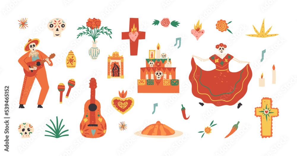 Dia De Los Muertos or Day vector clipart set of the Dead Mexico ...