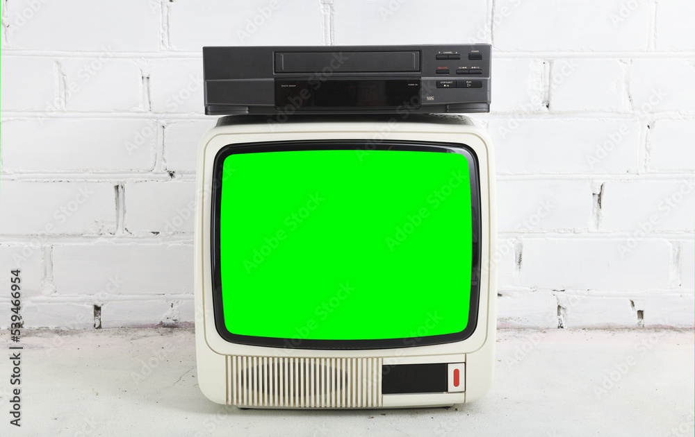 Old white vintage TV with green screen to add new images to the screen ...