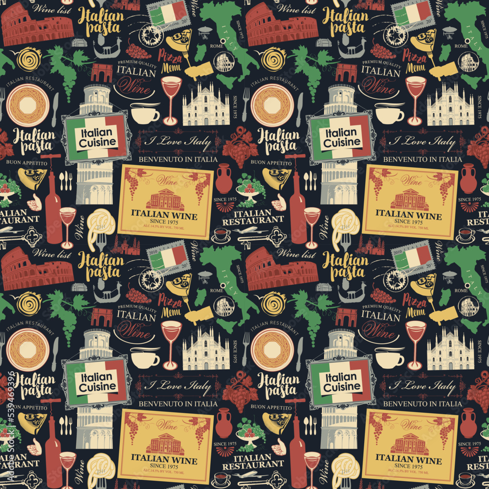Retro style seamless pattern on the theme of Italy and Italian cuisine ...