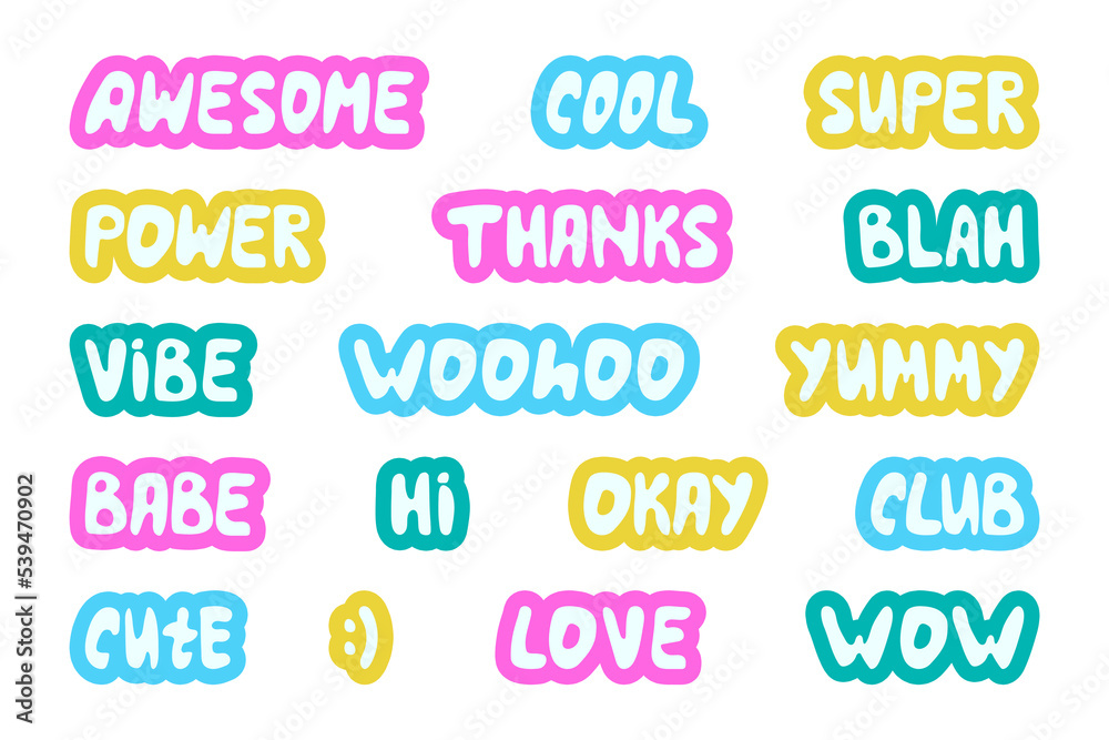 Collection of cute stickers. Words and sounds written in cute cool font ...