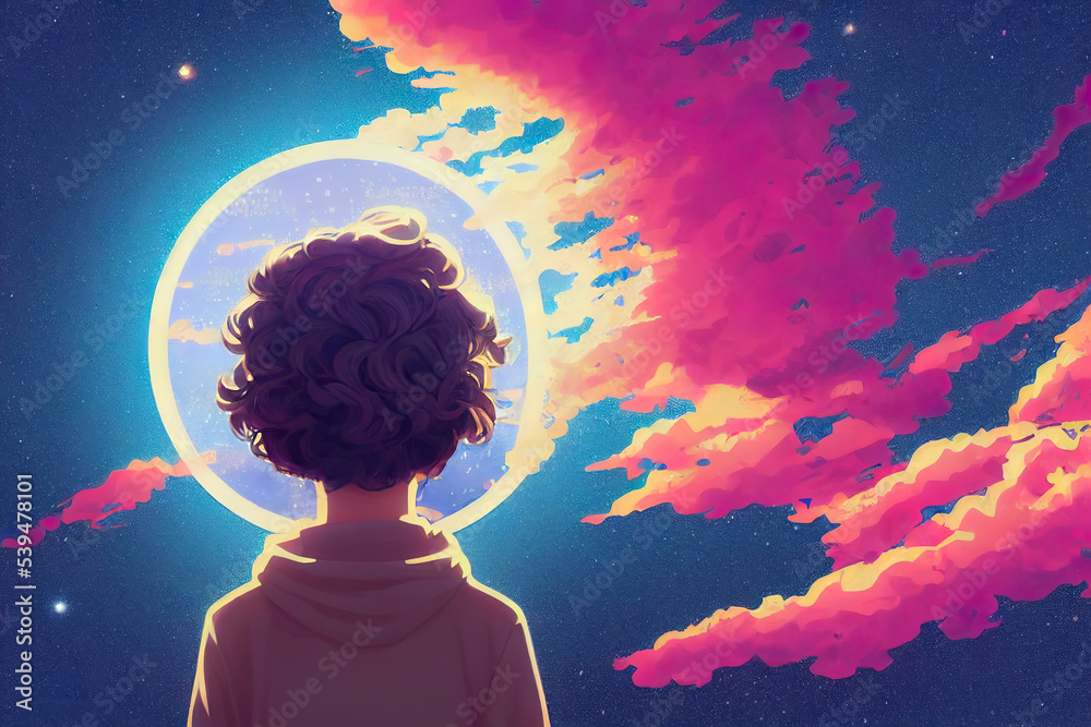 Kid dreaming digital art. Comic drawing of a young boy stargazing ...