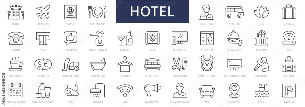 Hotel thin line icons set. Hotel editable stroke icons collection ...