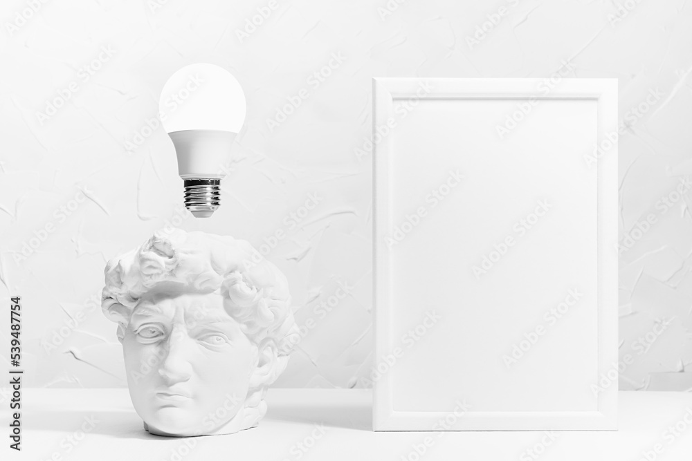 Idea concept with thinking head of antique statue David and abstract ...
