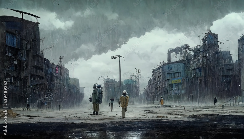 Illustrazione Stock People walking on the streets in a post apocalyptic ...