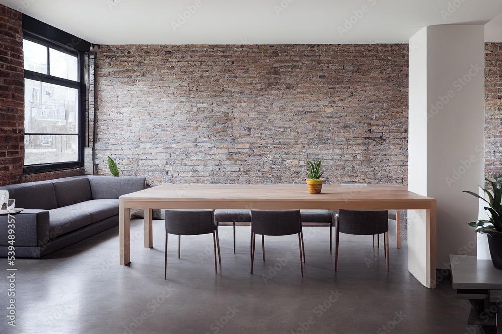 Contemporary interior design of dining space with communal table ...