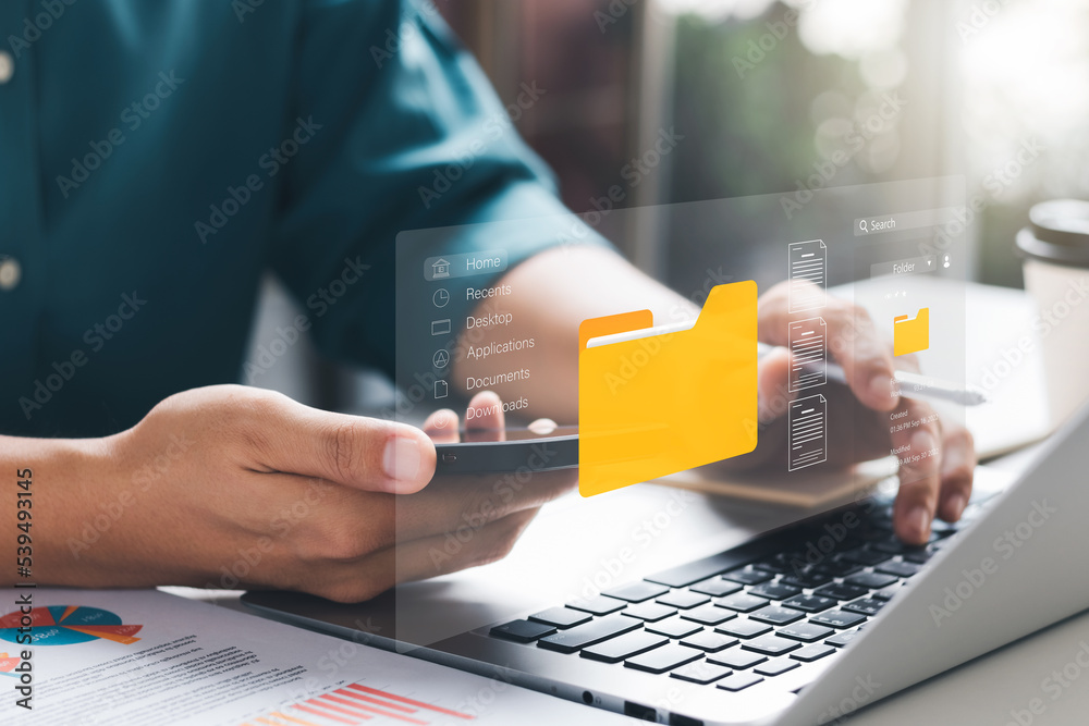 Document management system concept, virtual screen icon. Document ...