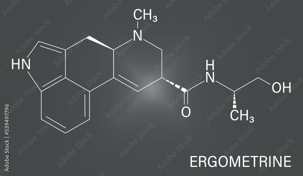 Ergometrine drug molecule. Used to prevent bleeding after childbirth ...