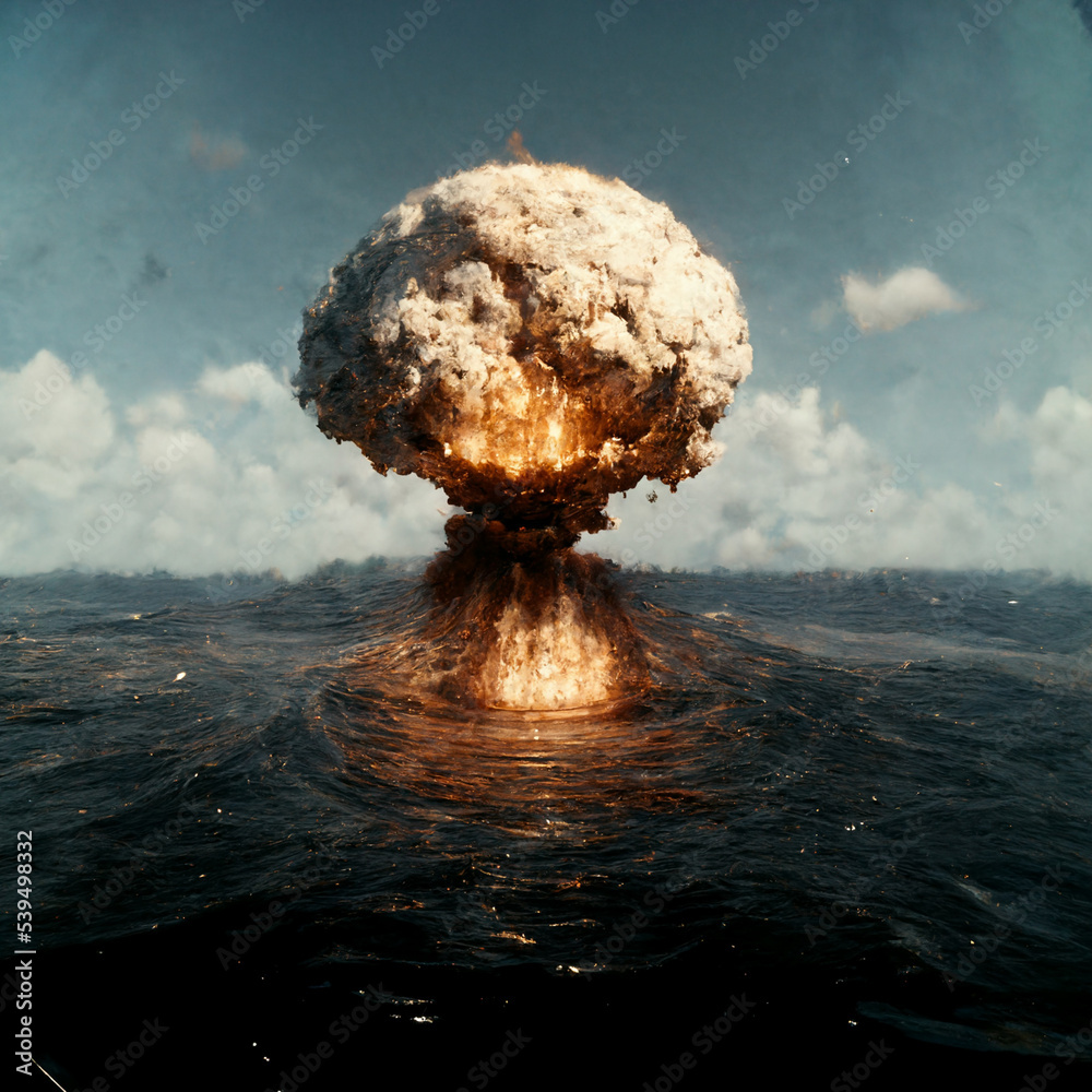 The explosion of an atomic bomb in the island. A mushroom after the ...
