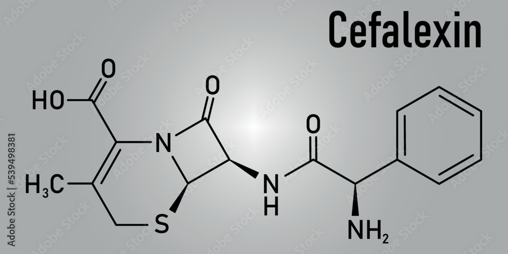 Cefalexin antibiotic drug molecule (cephalosporin, first generation ...