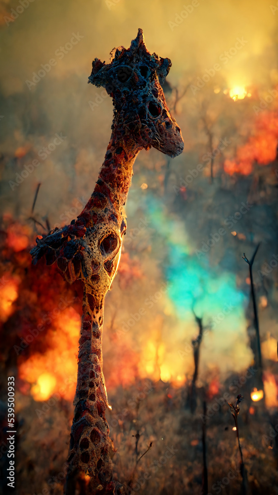 Giraffe during a fire. A giraffe escaping from a cataclysm. Wild ...