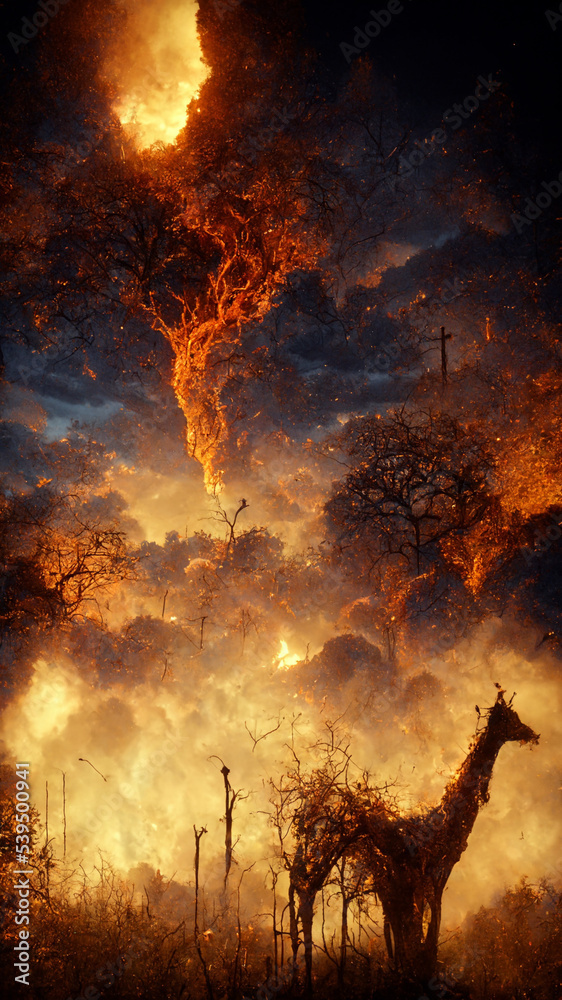 Giraffe during a fire. A giraffe escaping from a cataclysm. Wild ...