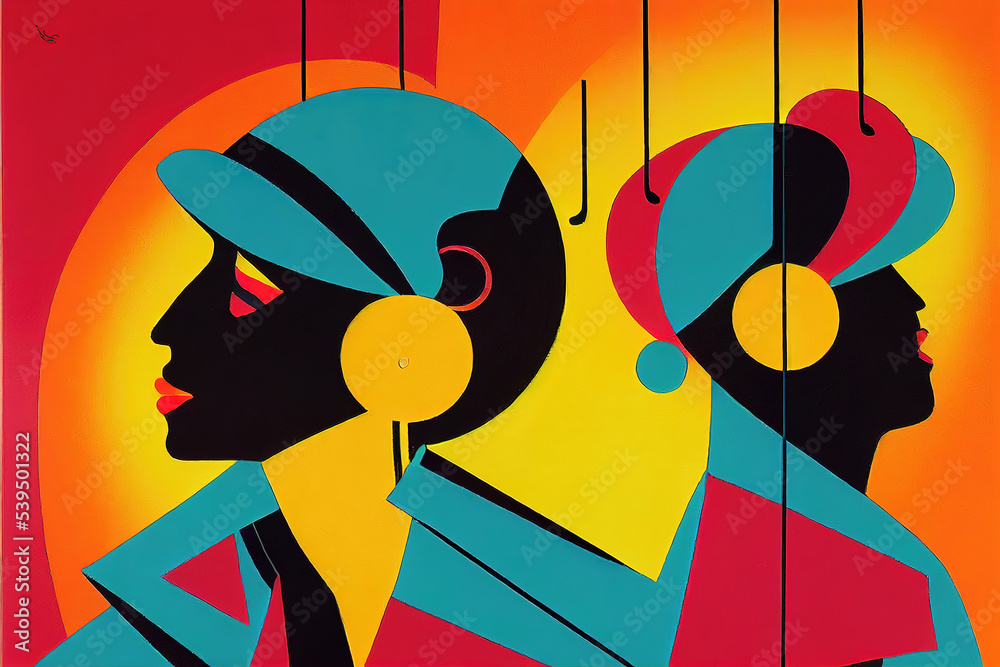 two black people with headphones and earphones everywhere, modern pop ...