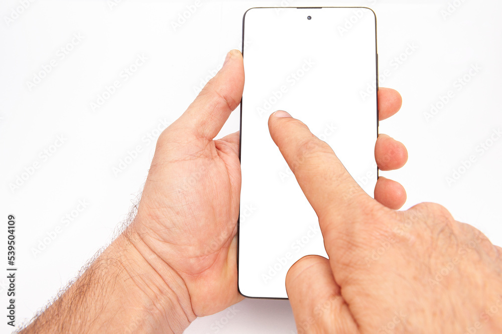 Hand holding mobile phone and blank screen for template advertising and ...