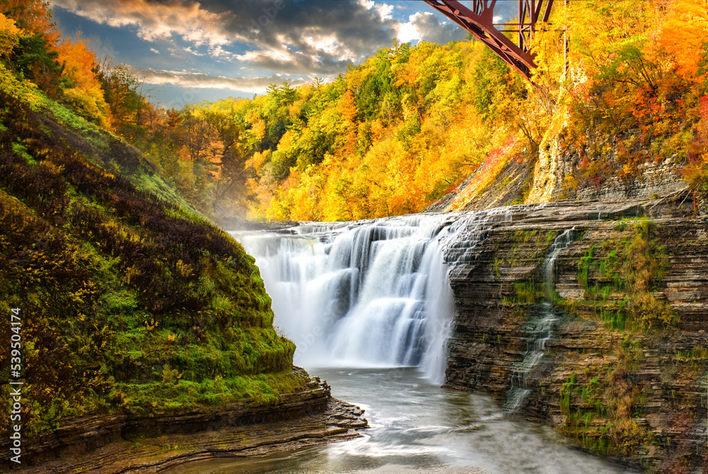 Letchworth State Park, NY. A beautiful Autumn day in October in Upstate NY. Waterfalls and Train ...