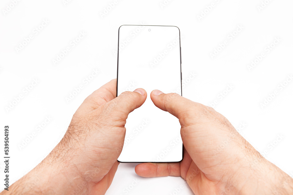 Hand holding mobile phone and blank screen for template advertising and ...