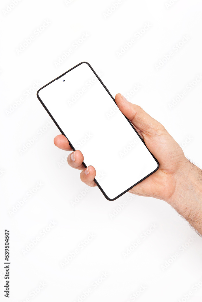 Hand holding mobile phone and blank screen for template advertising and ...