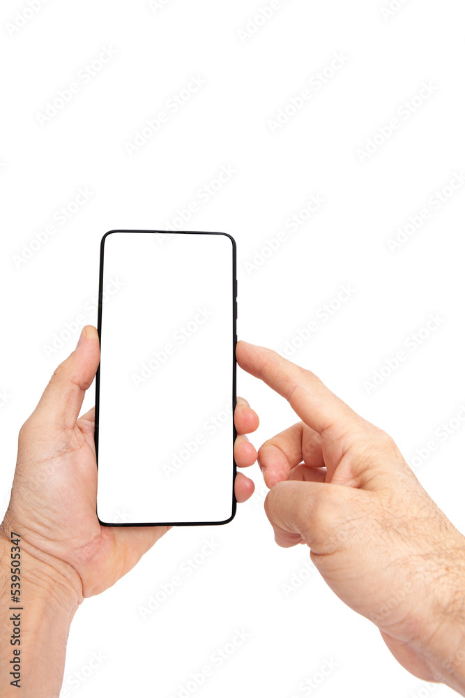 Hand holding mobile phone and blank screen for template advertising and ...