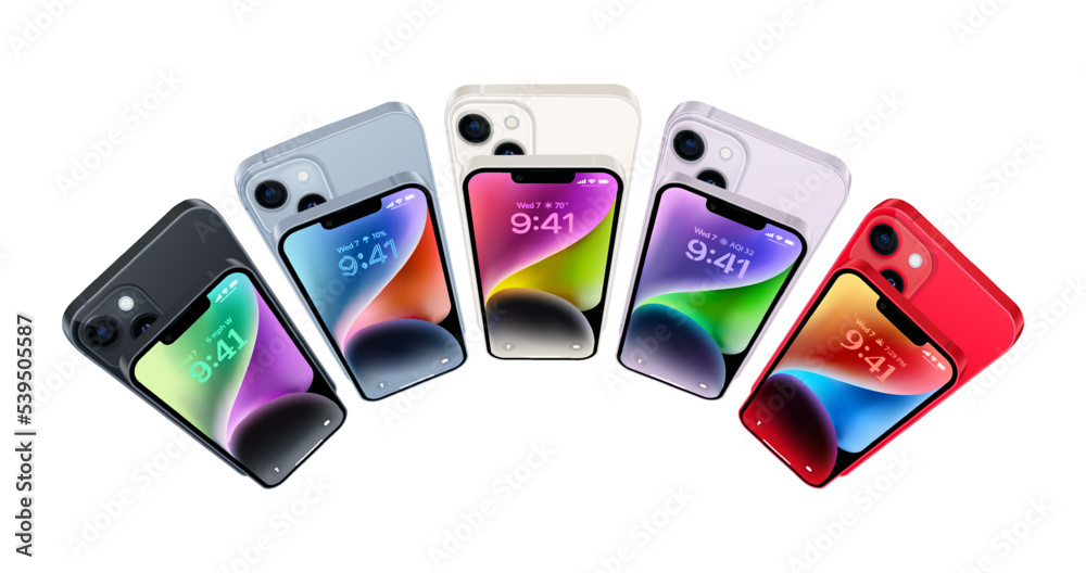 Set of Smart phone Apple iPhone 14 in top view, in official colors, on ...