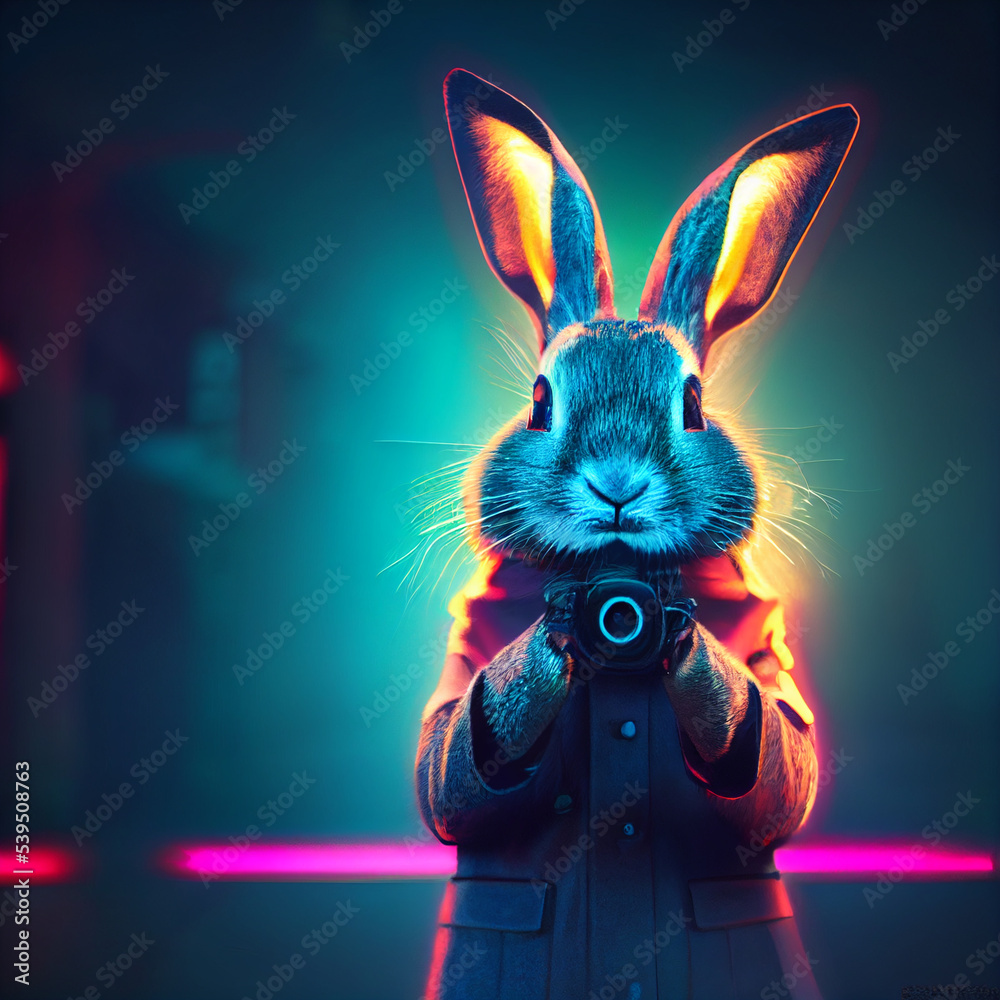 Rabbit aiming his gun at the camera. Fairy-tale character of a rabbit ...