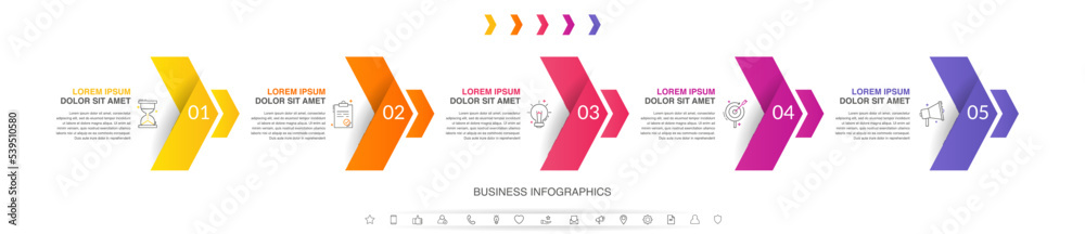 Vector timeline infographics with five steps, icons, flowchart ...