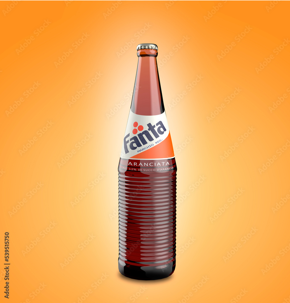 Vintage Fanta bottle, orange juice drink. Orange background ...