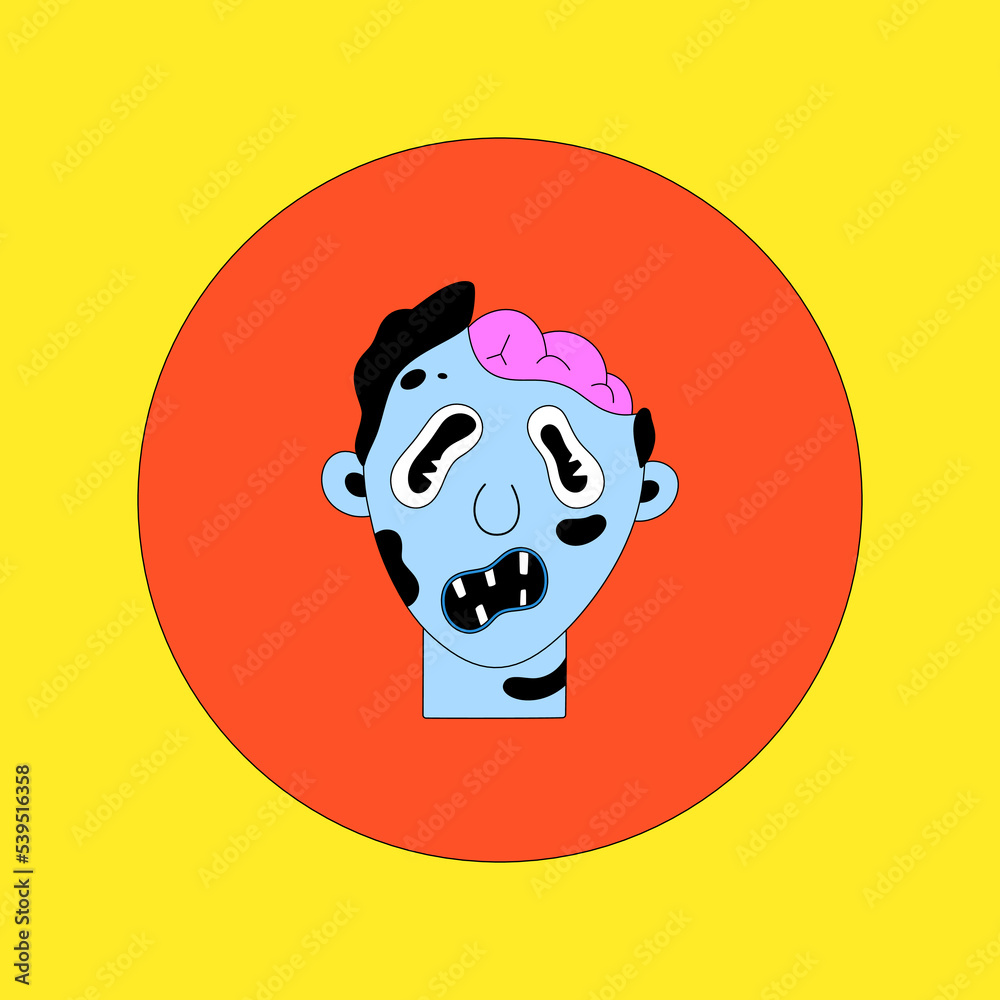 Zombie. Halloween spooky cartoon character in circle on yellow ...