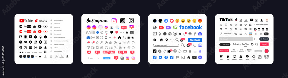Instagram, Tik Tok, Facebook, YouTube button icon. Set screen social ...