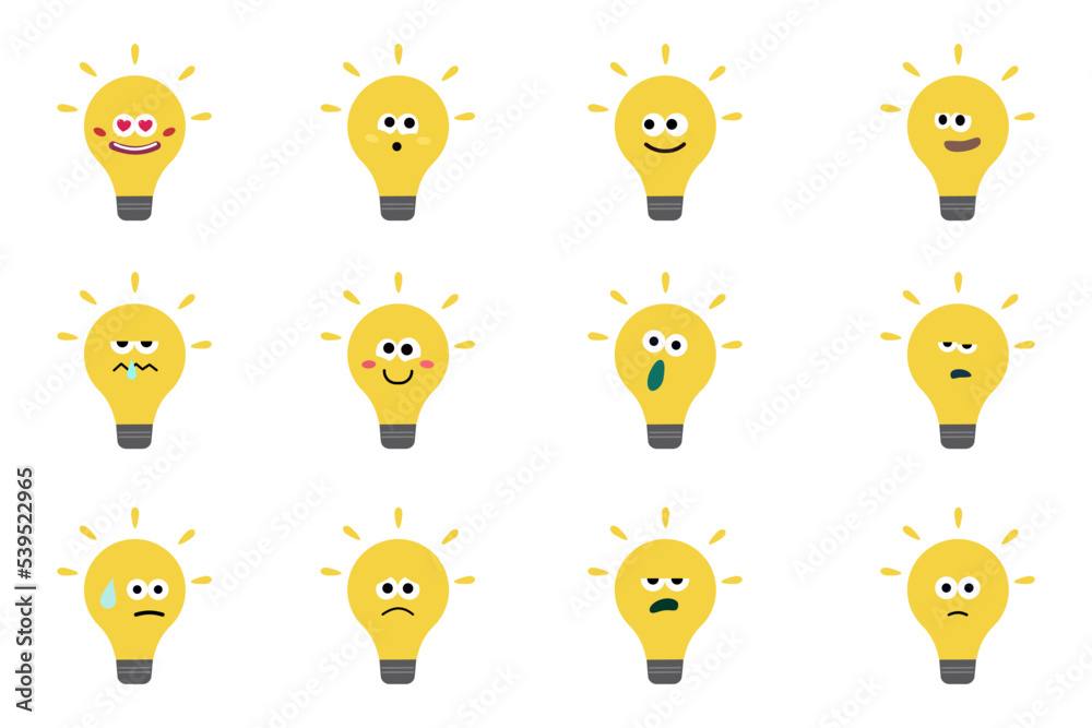 Vetor de Set of cute bulb characters with different emotions cartoon ...