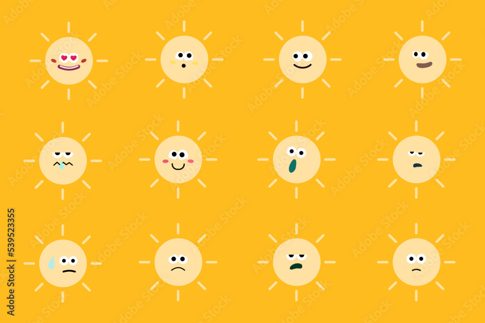 Set of cute sun characters with different emotions cartoon faces ...