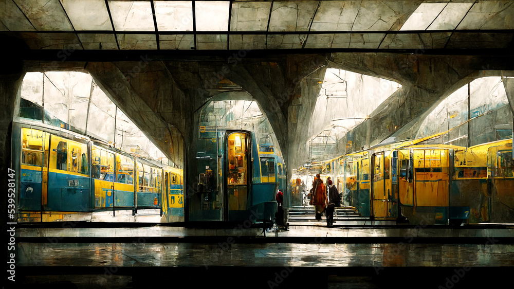 Subway station with platforms and trains, digital art made with ...
