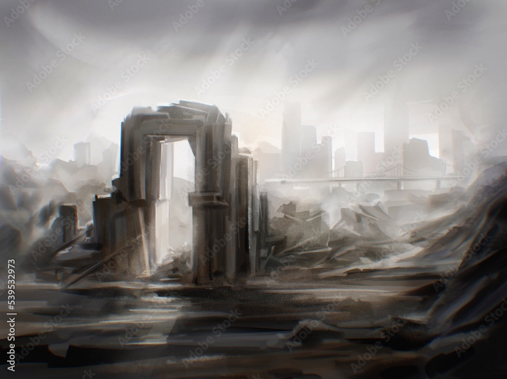 Ruined city. A dystopian scene showing the futuristic ruined city ...