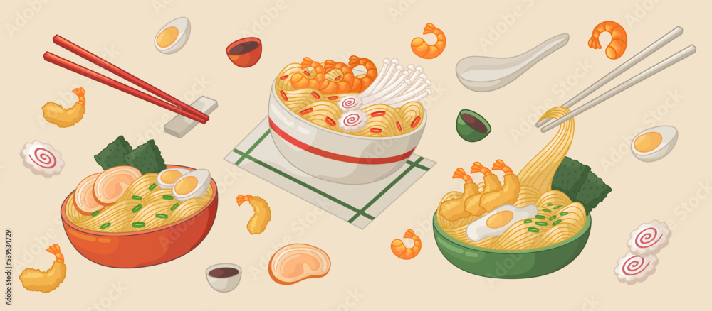 Ramen noodles with eggs. Japan meal cartoon vector illustration set ...