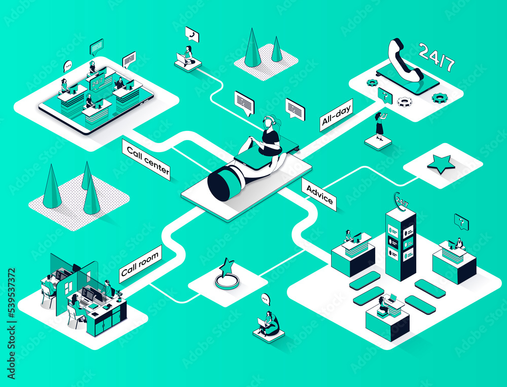 Call center isometric web banner. Hotline operators in office flat ...