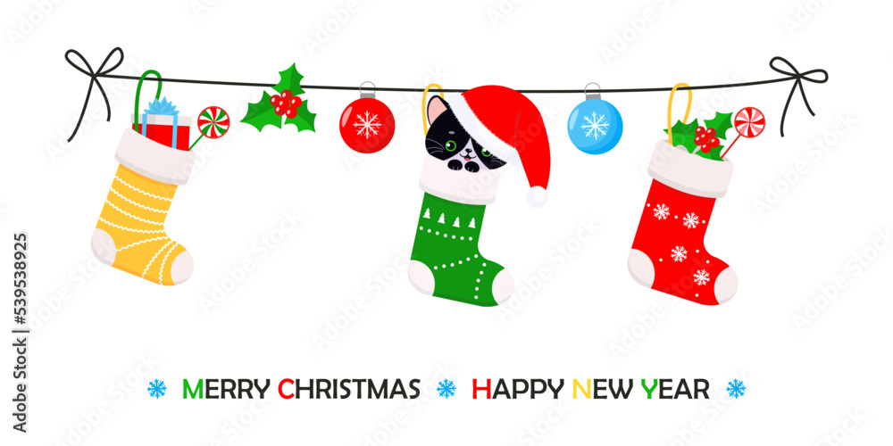 Set of Christmas stockings with gifts on white background. Cartoon flat ...