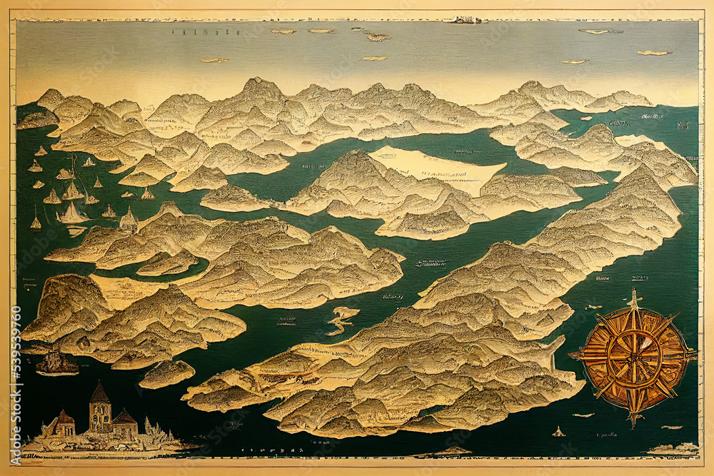 Fantasy map: vintage archipelago, many dry islands with mountains made ...