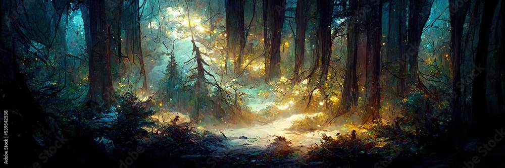 Deep Forest. Fantasy Backdrop. Concept Art. Realistic Illustration ...