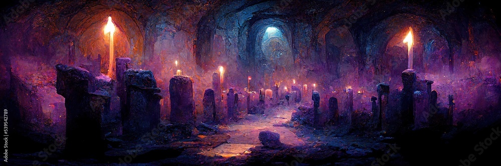 Scary endless medieval catacombs with torches. Mystical nightmare. 3D ...