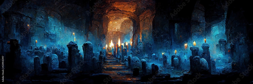 Scary endless medieval catacombs with torches. Mystical nightmare. 3D ...