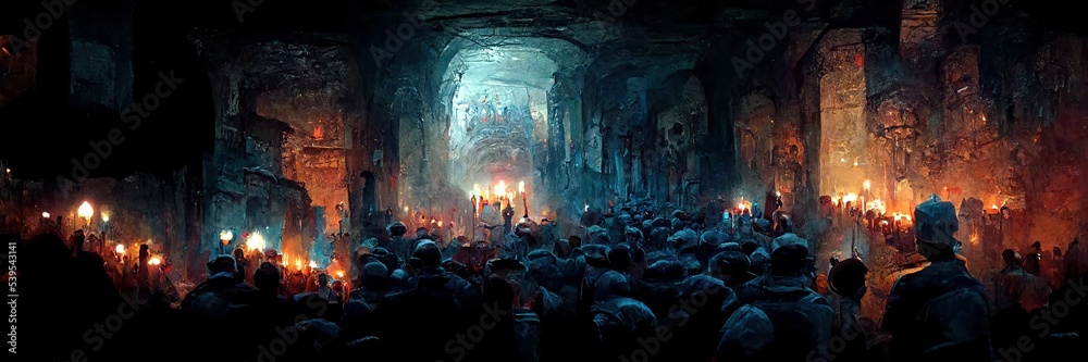 Scary endless medieval catacombs with torches. Mystical nightmare. 3D ...